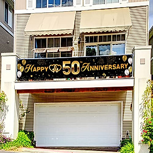 50th Wedding Anniversary Yard Sign Banner Decorations, Golden Happy 50th Anniversary Decorations Backdrop, 50 Years Anniversary Party Supplies Gold for Outdoor Indoor, Sturdy Fabric Vicycaty