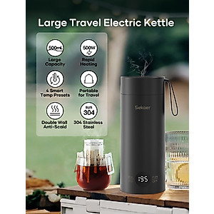 Sekaer Small Travel Portable Electric Kettle, Mini Tea Kettle Hot Water Boiler, 0.5L & 500Watts, with 4 Variable Presets and 304 Stainless Steel, SKE-850B