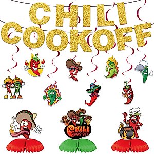 Chili Cook Off Decorations, 1 Pc Chili Cook Off Banner 8 Pcs Chili Hanging Swirls 3 Pcs Honeycomb Centerpiece for Chili Contest Tasting Competition, Chili Party Banners Chili Festival Party Supplies