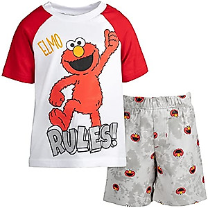 Sesame Street Elmo Toddler Boys T-Shirt and French Terry Shorts Outfit Set White/Gray 2T