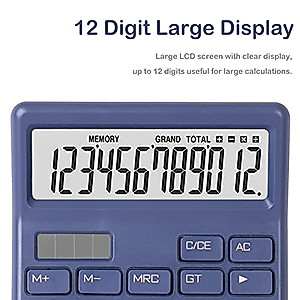 Calculators Desktop, Large Display Solar and Battery Power, Aesthetic Office Supplies, 12 Digit Small Basic Standard Functional Desk Calculator Cute for Office, Home, School (Blue)