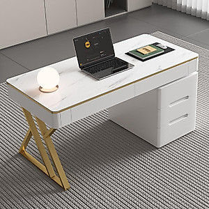 Dongge Wooden Computer Office Desk with Drawers for Home Office - White Gaming Desk with Tempered Glass Top - Thickened Lacquered PC Desk and Writing Desk - Escritorios para Computadoras (Z-105)