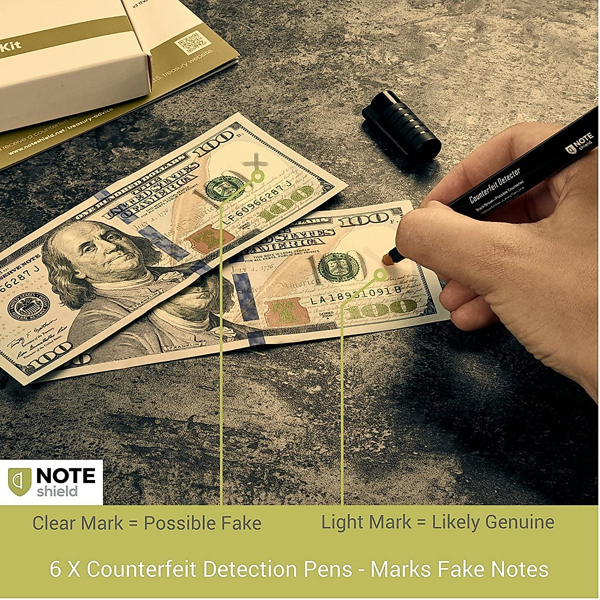 NoteShield 6 Pack Counterfeit Detector Pen Counterfeit Pens Bill Pens Money Marker Detect Fake Marker, Check Bills False Currency Counterfit Marker Pen
