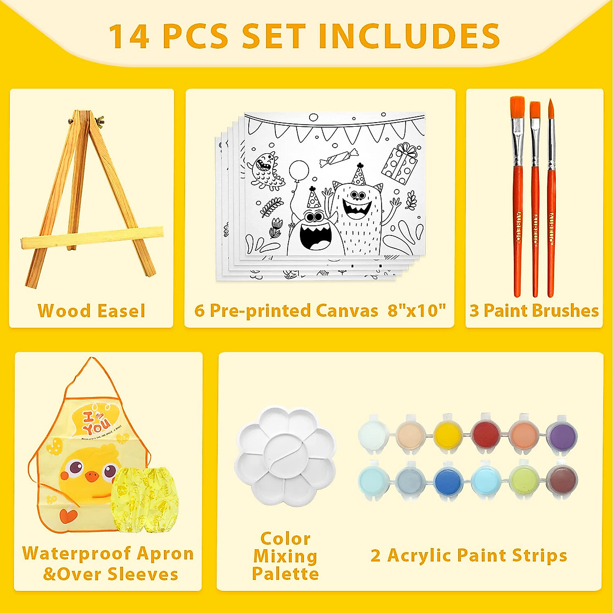AUREUO Pre Drawn Canvas - 6 Pre Printed 8x10 Canvas, Acrylic Paints, Wood Easel, Smock, Paint Brushes & Palette Art Gift for Boys Girls