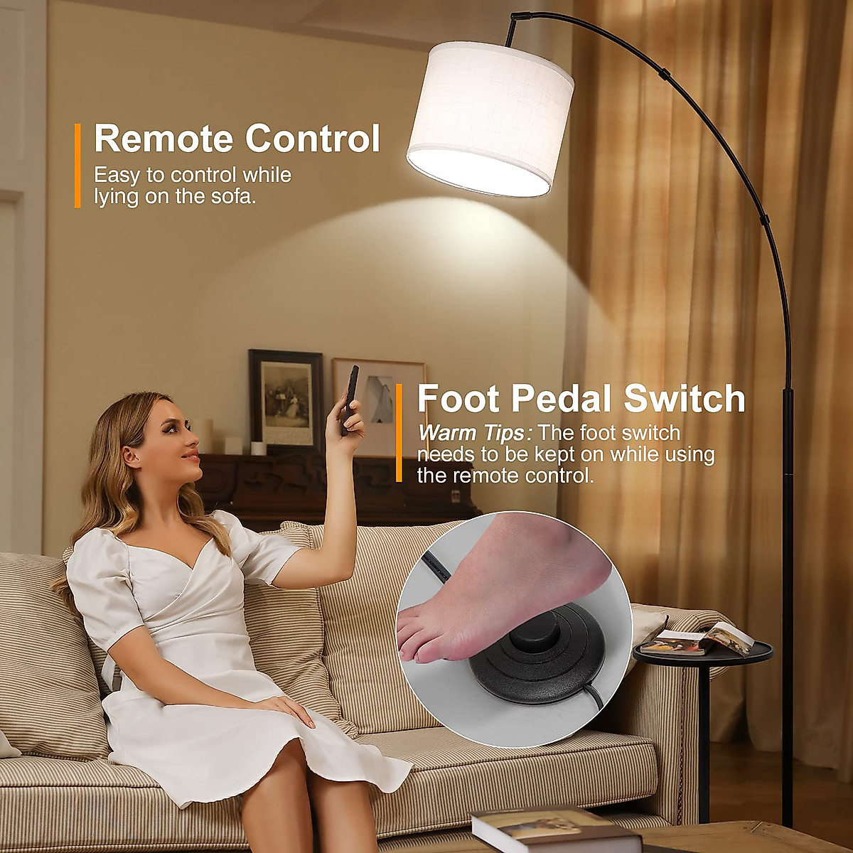 OUTON Arc Floor Lamp with Table and Marble Base, 81" Height LED Dimmable Floor Lamp with Remote & 4 Color Temperature, Tall Standing Lamp with Adjustable Hanging Drum Shade for Living Room, Bedroom