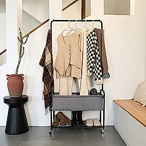 Across-Star Metal Garment Rack with Top Rod and Storage, Rolling Clothes Rack, Clothes Hanging Rack Portable Coat Hanger Holder for Bedroom