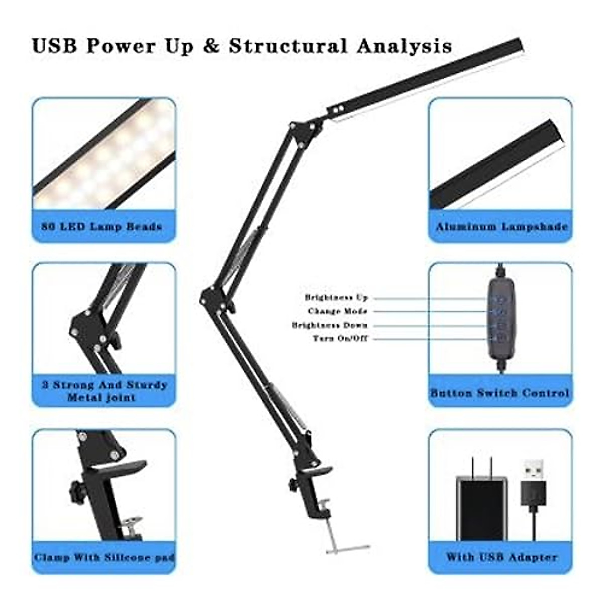 Knightsbrid LED Desk Lamp with Clamp,Adjustable Swing Arm Desk Lamp,Modern Architect Table Lamp for Study/Reading/Office/Work(Black)