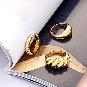 LANE WOODS Chunky Ring Set: 14k Gold Plated Croissant Braided Twisted Dome Ring Jewelry for Women Men