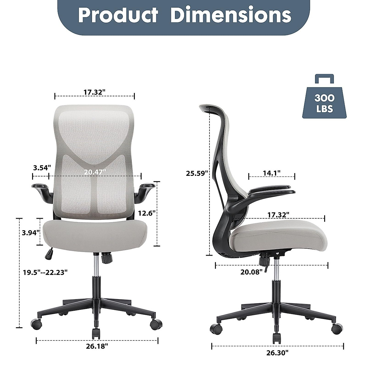 High Back Office Chair Flip up Arms, Desk Chair with Lumbar Support and Wheels Ergonomic Mesh Chair Adjustable Height Work Chair for Home Office, Grey