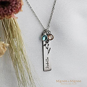 MignonandMignon Silver Custom Birthstone Necklace Birth Flower Name Personalized Gift for Her Bar Name Necklace for Mom Mothers Day Gift Floral Jewelry Handmade Jewelry -8N-FLBS-S