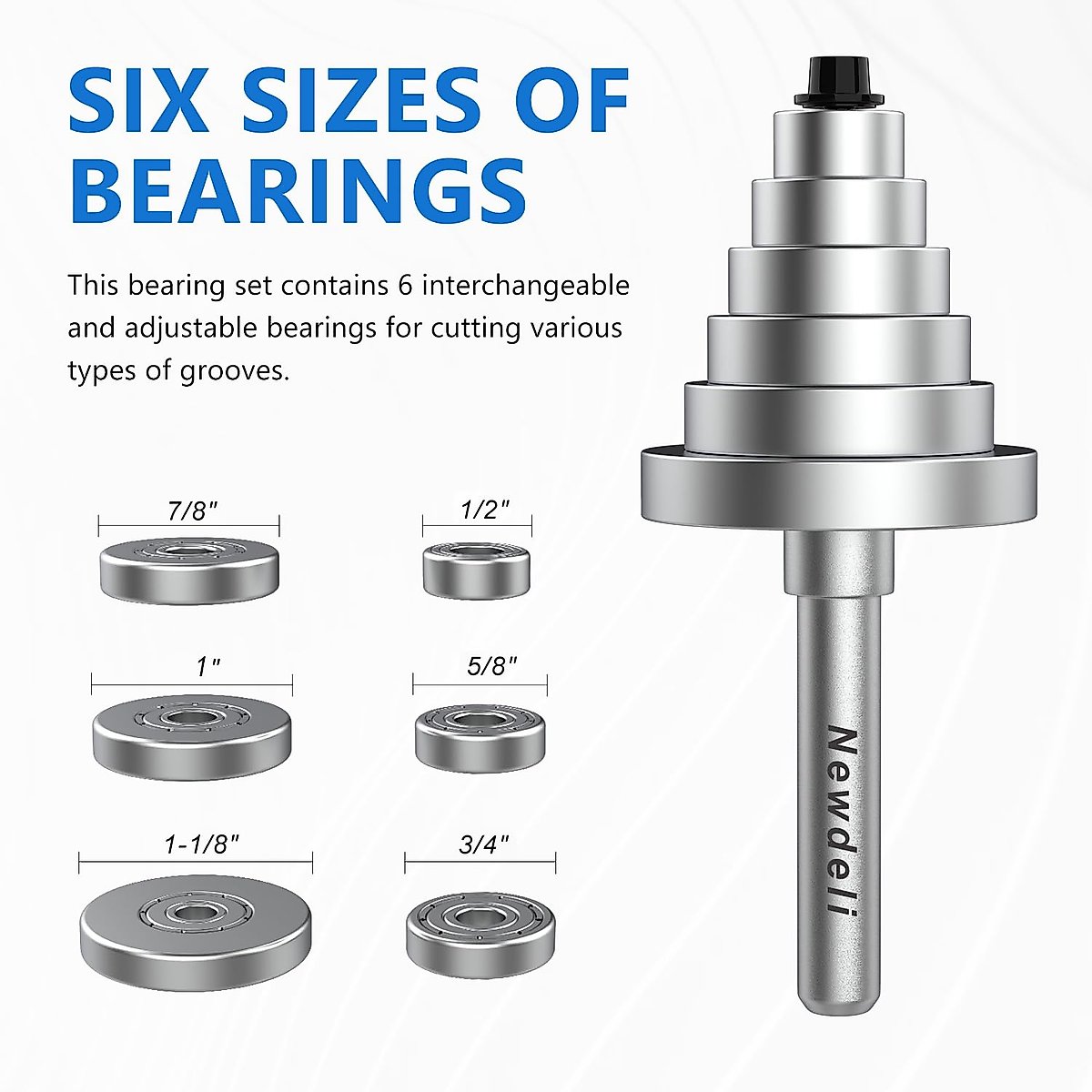 Newdeli Rabbet Router Bit Set 1/4 Inch Shank - 4Pcs Rabbeting Router Bits（1/8",1/4",3/8", 1/2" Height） with 6 Bearings Set (3/8", 1/2", 5/8", 3/4", 7/8", 1-1/8" Bearings) - Wood Biscuit Slot Cutters