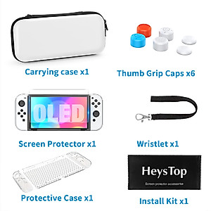 HEYSTOP Nintendo Switch OLED Carrying Case, 9 in 1 Accessories Kit for 2021 Nintendo Switch OLED with Dockable Protective Case Cover, HD Switch Screen Protector and Thumb Grip Caps (White)