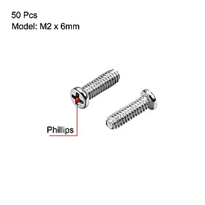 uxcell M2x6mm Phillips Screw Fastener Silver Tone 2.8mm Dia Screw Head for Laptop PC TV Fan Switch 50pcs