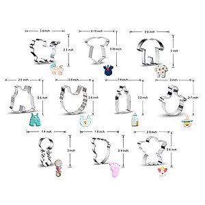 Baby Shower Cookie Cutter Set - 10 Piece - Baby Carriage, Onesie, Baby Romper, Bib, Bottle, Pacifier, Rattle, Foot, Angel Shaped Stainless Steel Cookie Cutters Molds for Kids Birthday Party Supplies