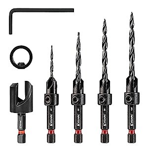 EZARC Wood Countersink Drill Bit Set, 4, 6, 8, 10 Tapered Drill Bits, with 1/4" Hex Shank, Counter Sinker Set for Woodworking and Carpentry