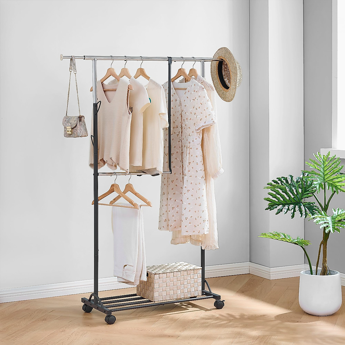 FAVOOSTY Clothing rack adjustable for kids, Heavy Duty Double Rod Design,Garment Rack Rolling, Clothes Organizer on Wheels, Clothes Rack Hanging Dismantle, Extra Space, Pants Scarves Dress Suits Black