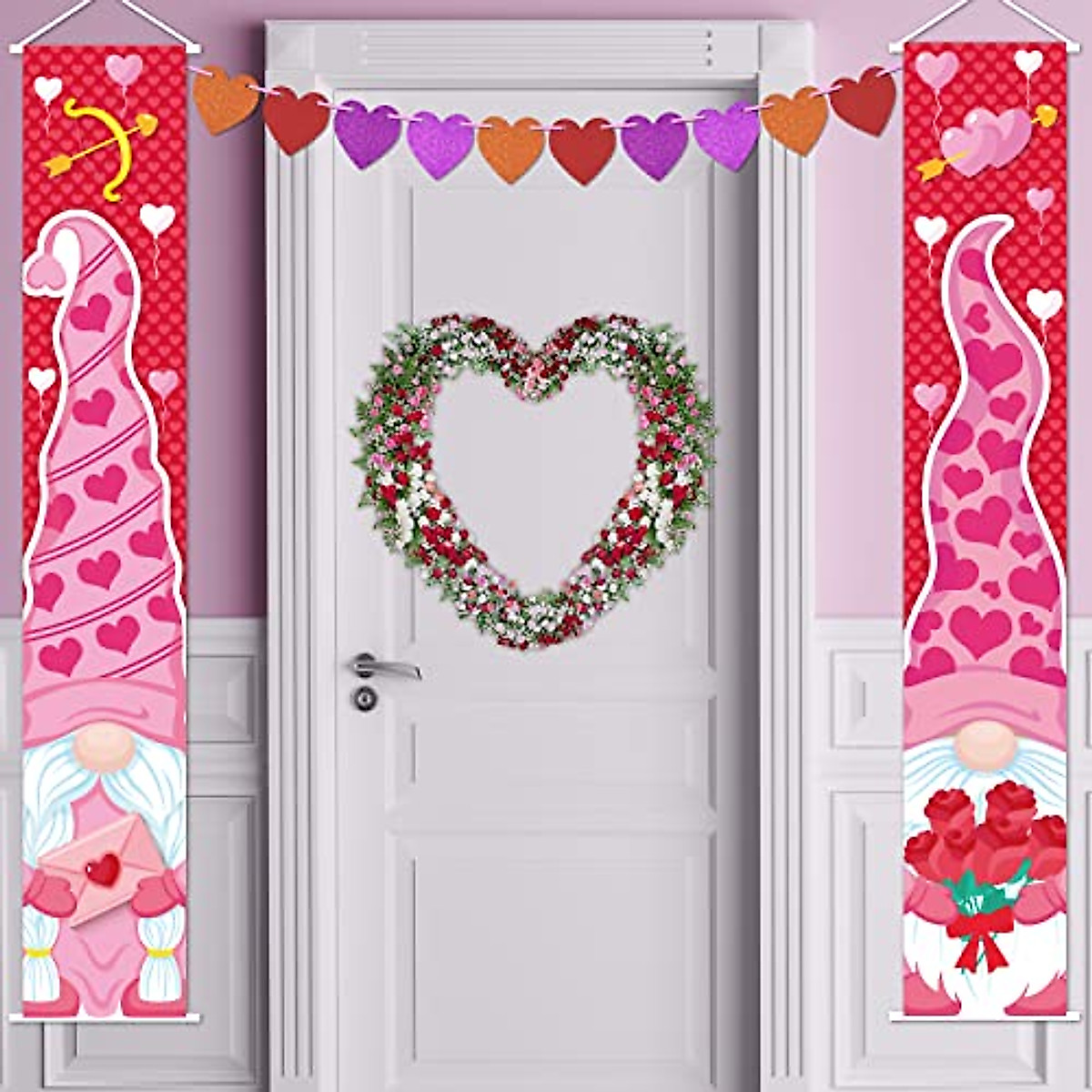3pcs Valentine's Day Gnome Banner Decorations with Hearts Gliter Banner Valentines Day Outdoor Decorations Home Wall Porch Sign Decor for Holiday Valentines Party Decorations