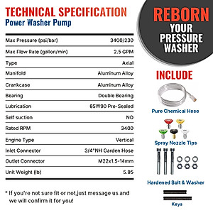 YAMATIC Vertical Pressure Washer Pump Max 3400 PSI 2.5 GPM, 7/8" Shaft Replacement Pump for Power Washer, Compatible with Simpson, Honda, Ryobi, Craftsman, GCV190 Rear Inlet/Outlet