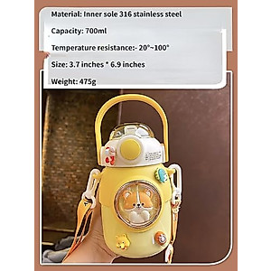 Large Capacity Cartoon Prints Water Bottle with Straw Lid Women Tumblers with Shoulder Strap Stainless Steel Thermal Cup (Coffee 23.6oz)