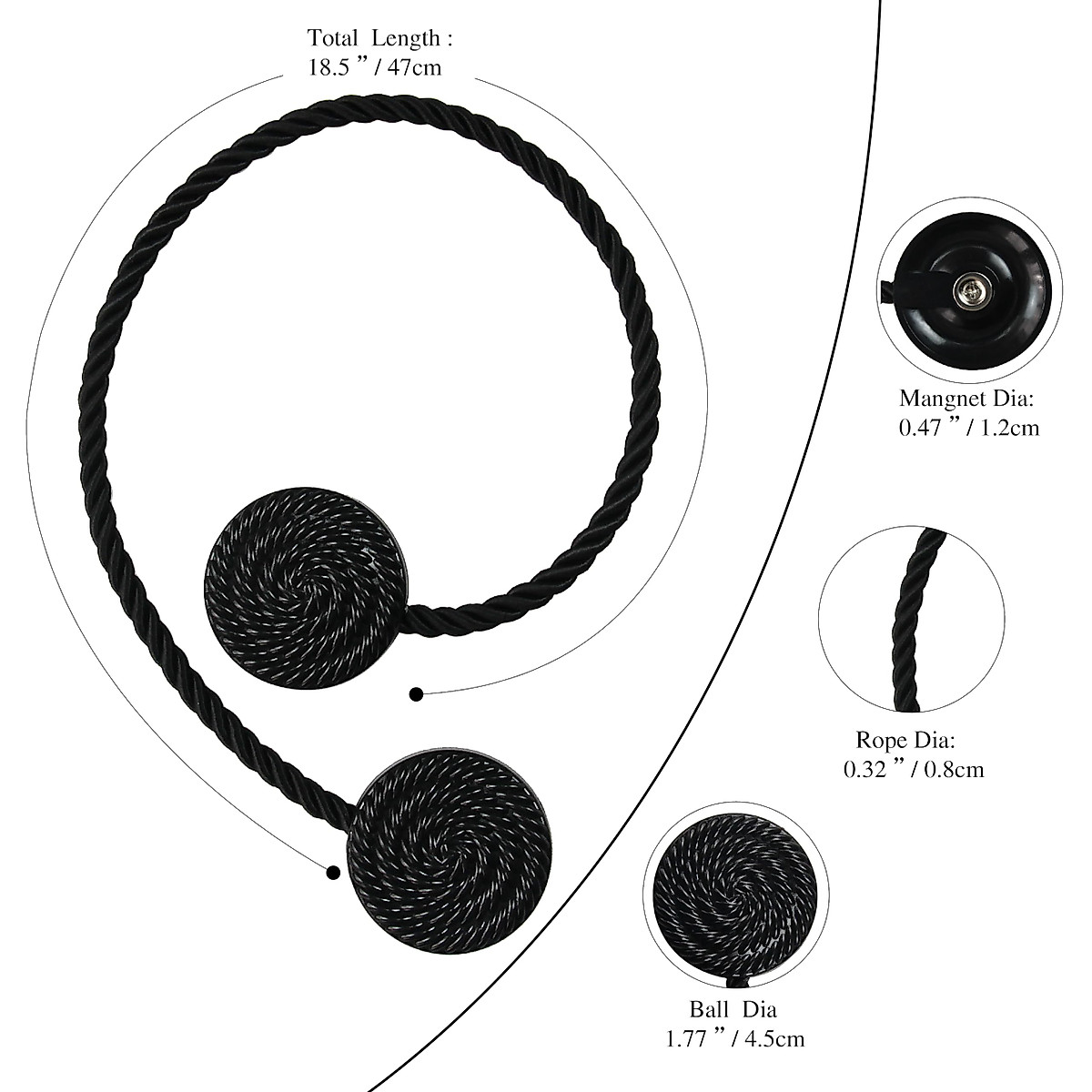 Hangtty Magnetic Curtain Tie Backs 4 Pack Rope Curtain Tiebacks Decorative Curtain Holders for Drapes Window Treatment Holdbacks Home Outdoor Curtain Tiebacks, Black