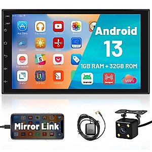 Hikity Android 13 Double Din Car Stereo 7 Inch Touch Screen Car Radio GPS Navigation WiFi Bluetooth FM Radio Mirror Link for iOS/Android Phones, with 12 Led Lights AHD Rear View Camera Mic