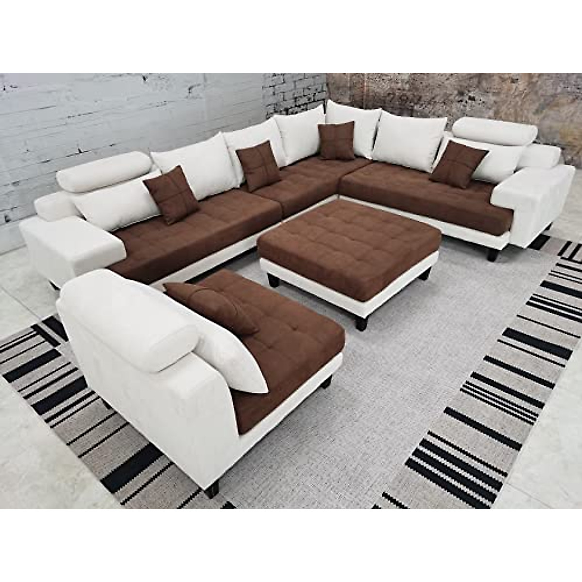 Stendmar 5pc Reversible Multifunction 2-Tone Natrual and Dark Brown Espresso Microfiber Fabric Big Sectional Couch Sofa S150DNE