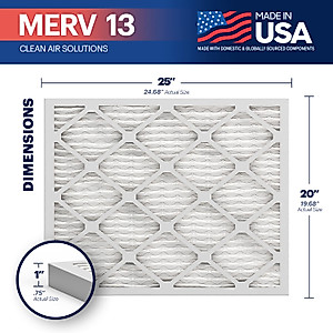 BNX TruFilter 20x25x1 Air Filter MERV 13 (4-Pack) - MADE IN USA - Electrostatic Pleated Air Conditioner HVAC AC Furnace Filters for Allergies, Pollen, Mold, Bacteria, Smoke, Allergen, MPR 1900 FPR 10