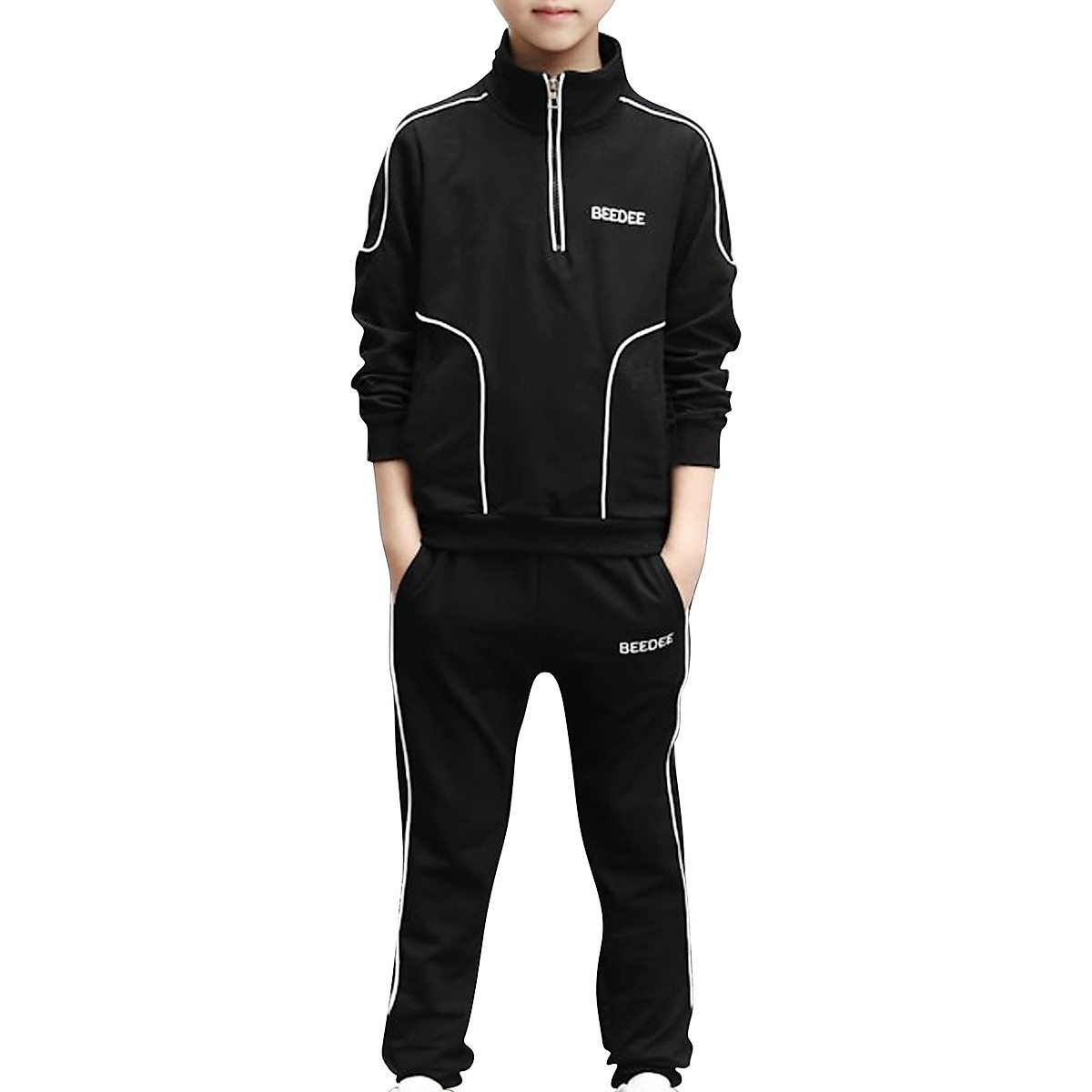 Hansber Kids Boys 2 Piece Tracksuit Sweatsuit Zip Up Turtleneck Long Sleeve Sweatshirt with Sweatpants Set Black 7-8 Years