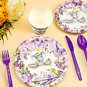 PYCALOW Elephant Baby Shower Party Supplies Tableware - Elephant Baby Shower Decorations For Girl Include Plates, Cups, Napkins, Cutlery, Tablecloth, Baby Elephant Birthday Decorations - 24 Guests