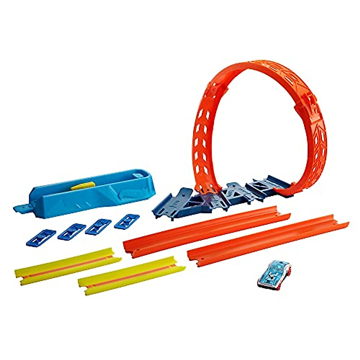 Hot Wheels Track Builder Unlimited Adjustable Loop Pack for Kids 6 Years Old & Up with 1 Hot Wheels Car, Spiral Loop, Launcher & 3 Tracks That Connects to Other Sets , Orange, Blue, Yellow