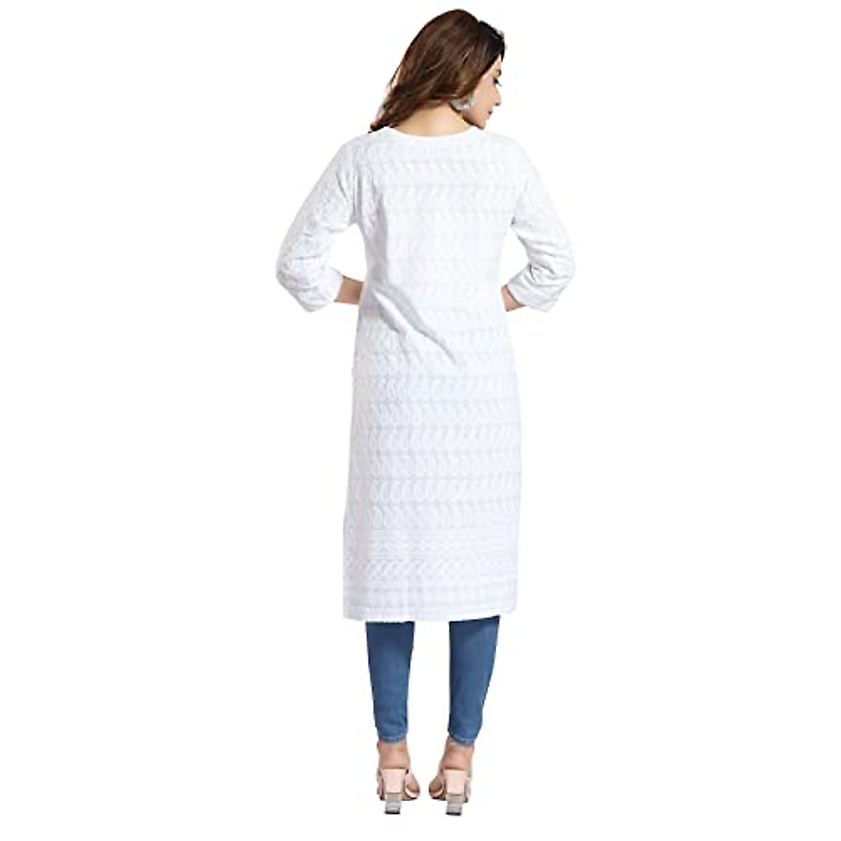 QUEEN SHIELD Women's Chikan-Kari Long Knee Length Kurti(White)(L)(40White9999)