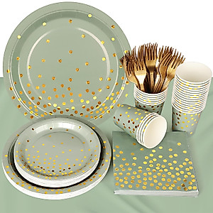 Etsutomy Sage Green Party Supplies, 127PCS Sage Green Paper Plates Napkins Cups Forks Disposable Dinnerware Set Serves 25 Guests, Sage Green Party Decorations for Wedding Baby Shower