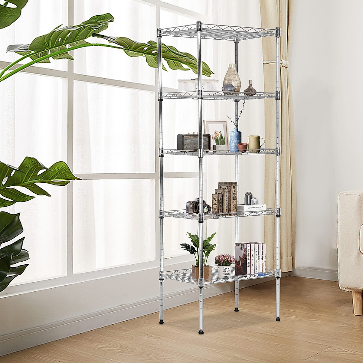 FDW 5 Tier Wire Shelving Adjustable Metal Shelves 17L x 12W x 48H NSF Pantry Shelves Storage Rack Shelving Units for Kitchen Garage Small Places Commercial,Chrome