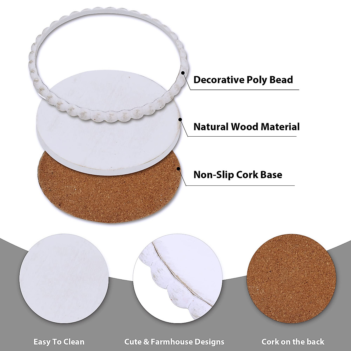 GENMOUS 6 Pack Farmhouse Wooden Bead Coasters with Metal Holder for Coffee Table Decor, Round Handmade Cup Coasters Set for Drinks Absorbent, Rustic Cute Coasters for Home Kitchen Table Décor