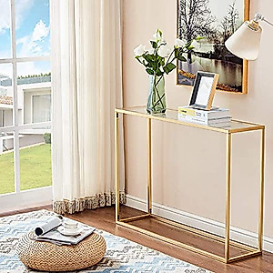 Wimarsbon Gold Console Table, Glass Sofa Tables, Modern Open Hallway Table, Narrow Entryway Table, Slim Accent Porch Table, Couch Side Table with Golden Metal Frame, Easy Assembly