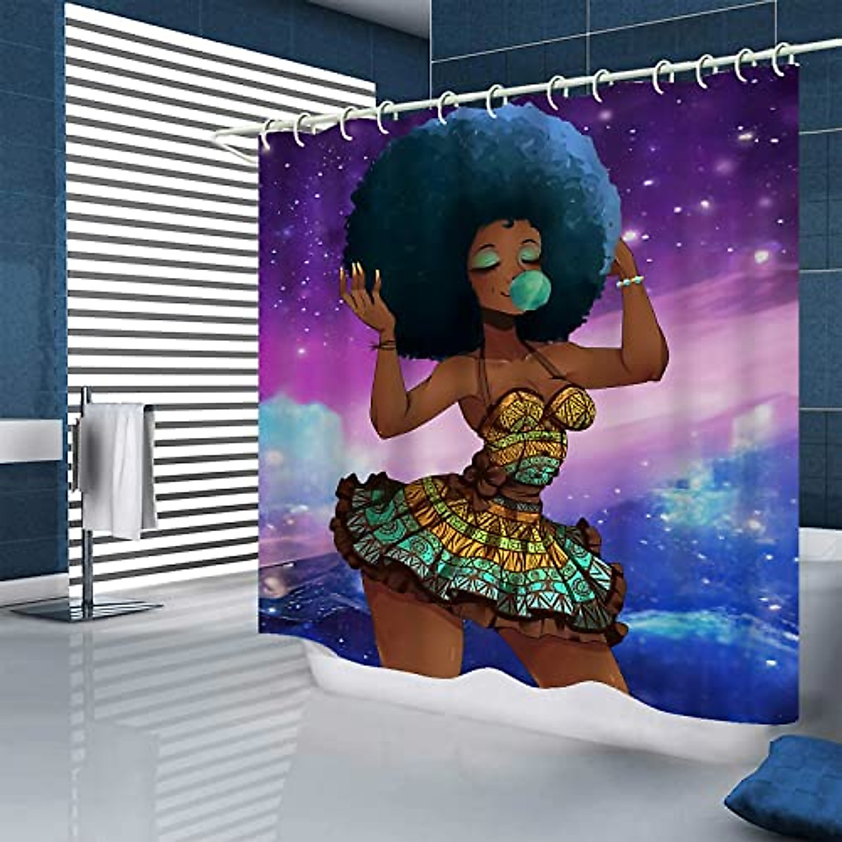 African American Woman Shower Curtains for Bathroom, 4PCS Bathroom Sets Include 1 Fabric Shower Curtain, 2 Non-Slip Bathroom Rugs and 1 Toilet Lid Cover, Black Girl Bathroom Decor (Purple)