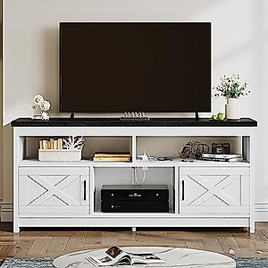 YITAHOME Farmhouse TV Stand for 65 inch with Power Outlet, Mid Century Modern Wood TV Table Media Console with Storage Cabinet and Open Shelves for Living Room, Bedroom, Black/White
