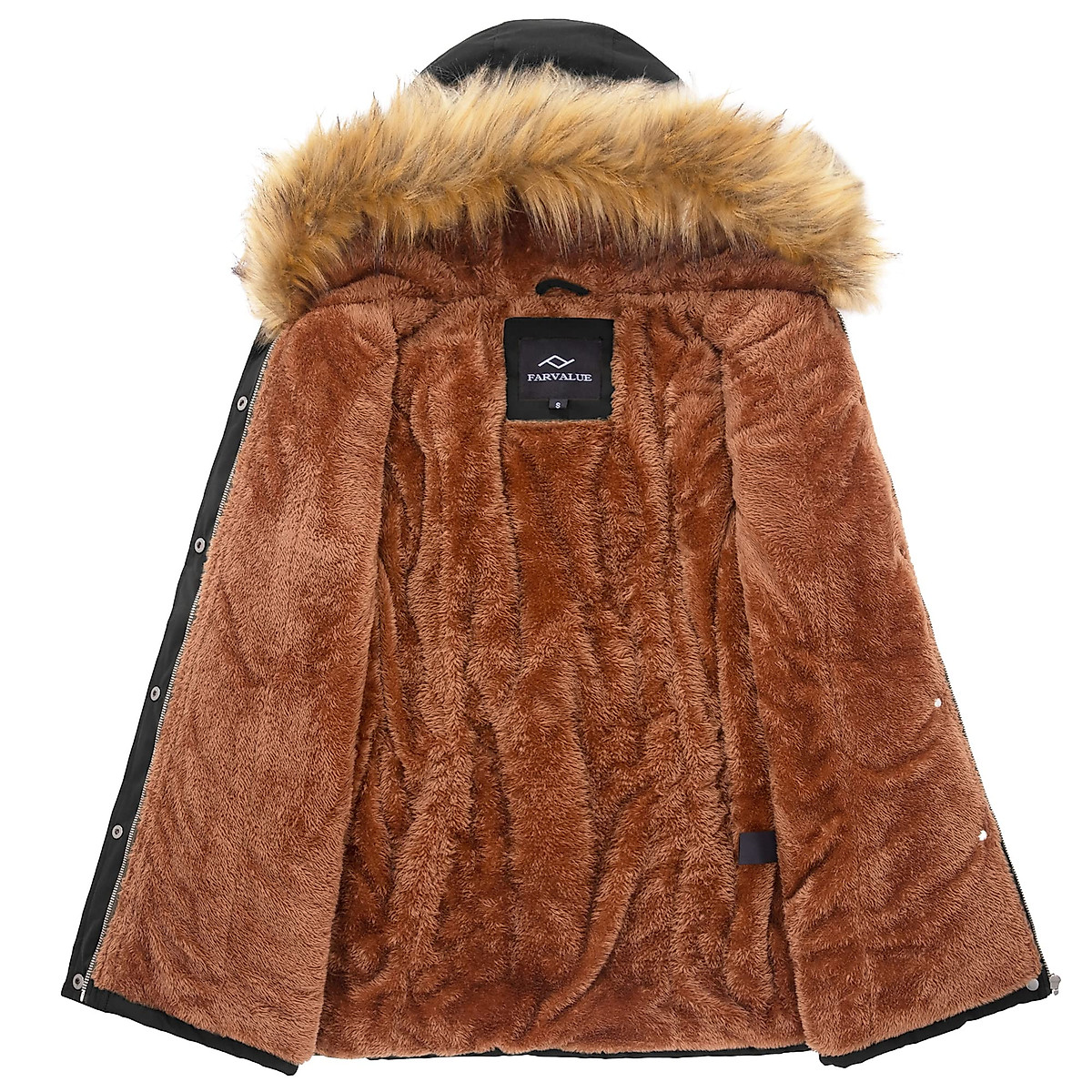 FARVALUE Womens Water-reprllent Winter Coat Thicken Puffer Jacket Warm FLeece Lined Parka with Fur Hood Black Large