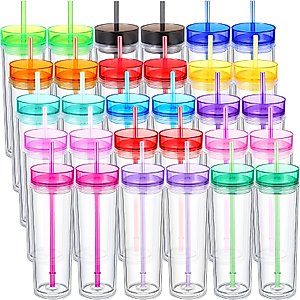 Hoolerry 30 Pcs Acrylic Skinny Tumblers 16 oz Acrylic Tumblers with Lids and Straws Double Wall Plastic Tumbler Skinny Tumbler Plastic Skinny Tumblers Bulk for Drink Party Birthday Gifts, Multicolor