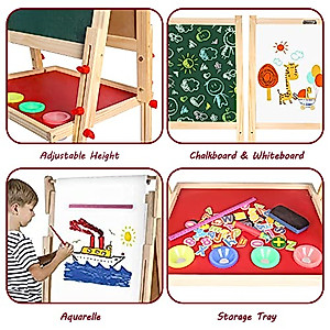 Kids Wooden Art Easel Double-Sided Whiteboard and Chalkboard Adjustable Standing Easel with Paper Roll Holder,Letters and Numbers Magnets and Other Accessories Gift for Kids Toddlers Boys and Girls