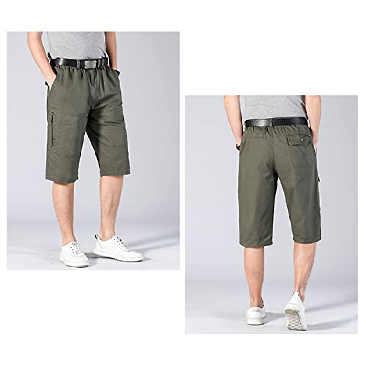 Men's Outdoor Zipper Pocket Cargo Shorts Elastic Waist Hiking Tactical Shorts Multi Pockets 3/4 Long Short Pants (ArmyGreen,4X-Large)