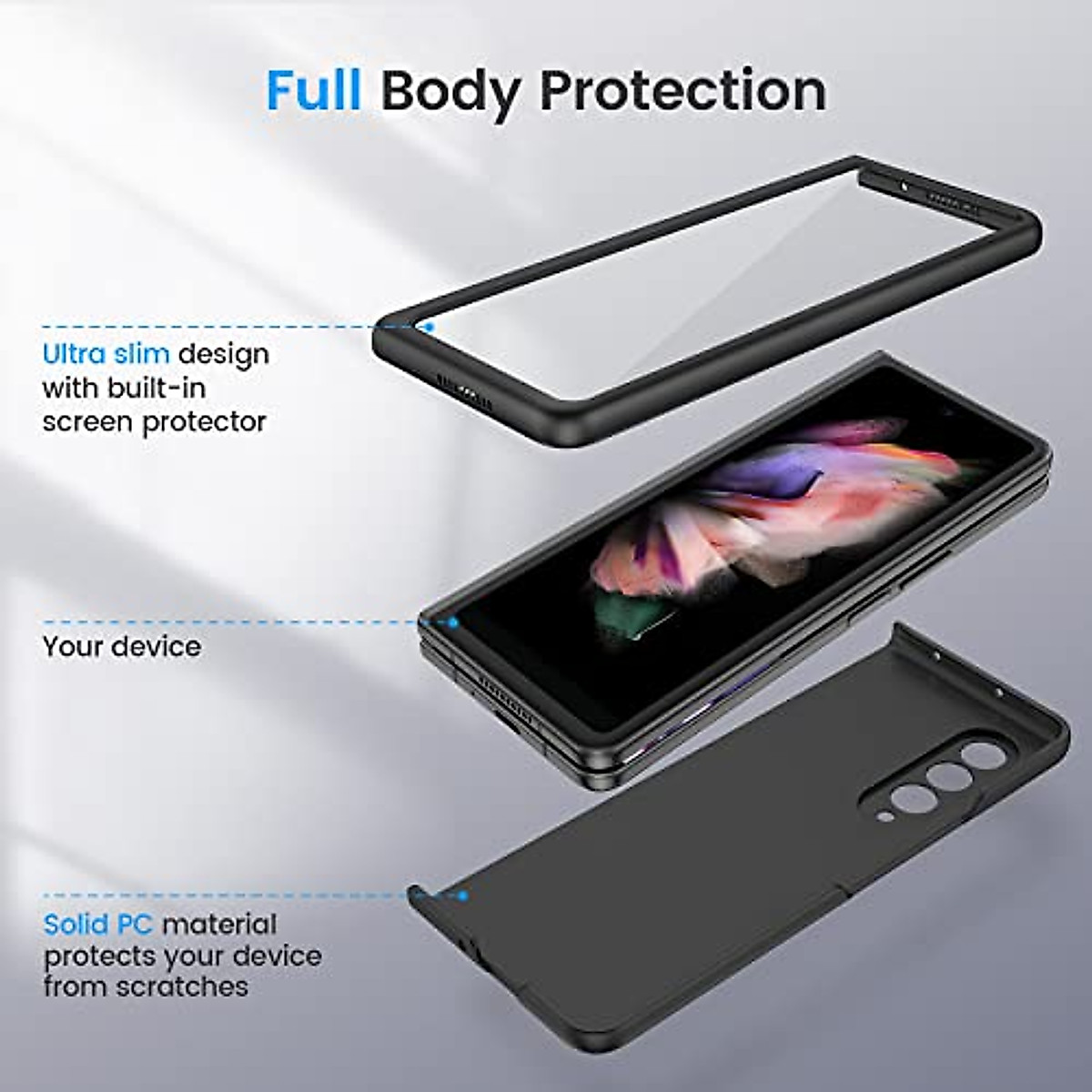 Ruky for Galaxy Z Fold 3 Full Body Case, Built-in Screen Protector, Hard PC Ultra-Thin Anti-Scratches Shockproof Protective Phone Case for Samsung Galaxy Z Fold 3 - Black