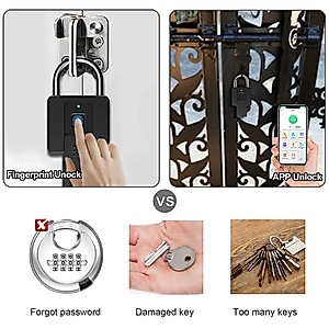 Key Padlock with Fingerprint Bluetooth App eLinkSmart Combination Lock: Large Padlock for Truck Gate Footlocker Gym Locker Outdoor ​Waterproof Heavy Duty Support iOS Watch