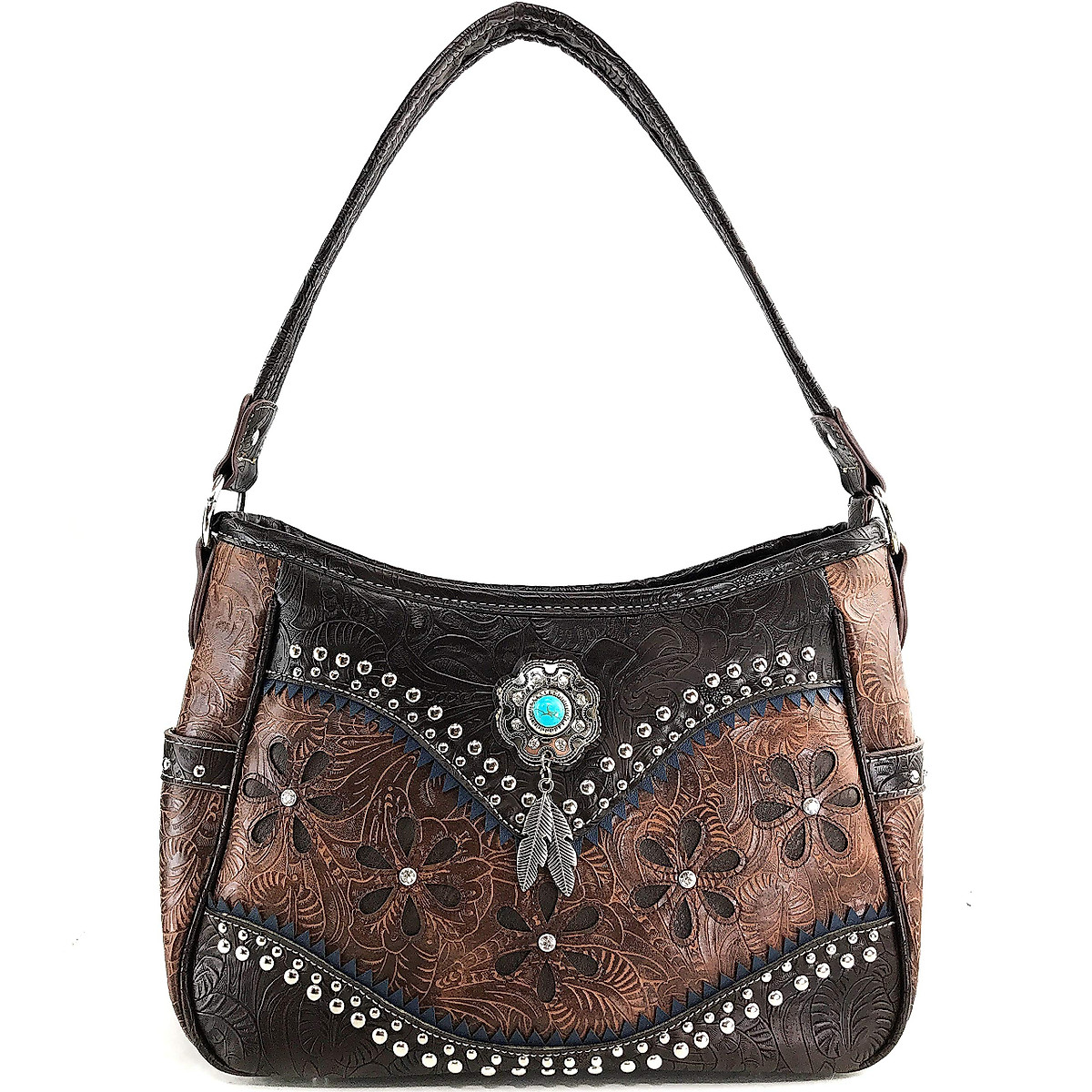 Turquoise Concho Feather Conceal Carry Hobo Handbag Crossbody Wallet Set Brown
