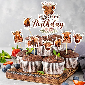 Tanlade 25 Pcs Highland Cow Cake Topper and Highland Cow Cupcake Topper, Highland Cow Birthday Decorations Highland Cattle Cake Decorations for Farm Animal Zoo Boy Girl Birthday Party Decor
