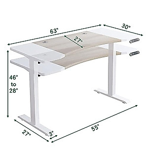 Dual Motor 63x30 Height Adjustable Electric Standing Desk,Height Stand Up Computer Desk,Sit Stand Home Office Desk with Splice Board, White and Oak Top, White Frame
