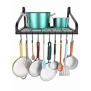 Pots and Pans Organizer - MUDEELA Hanging Pot Rack with 10 Hooks Wall Mounted Pot Pan Rack, Kitchen Wall Shelves for Cookware, 2 DIY Methods, Ideal for Pots Set, Utensils, Cookware