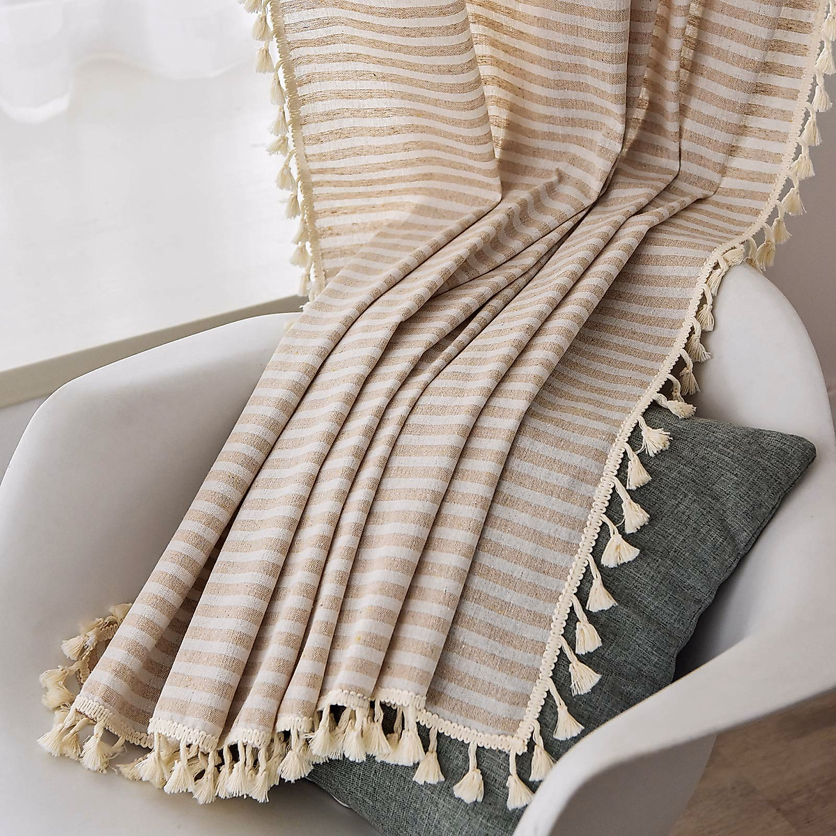 ColorBird Striped Semi-Blackout Window Curtains 2 Panels Farmhouse Style Cotton Linen Darkening Curtains with Tassel Rod Pocket Window Drapes for Dining Living Bedroom (52" W x 84" L, 1 Pair, Beige)