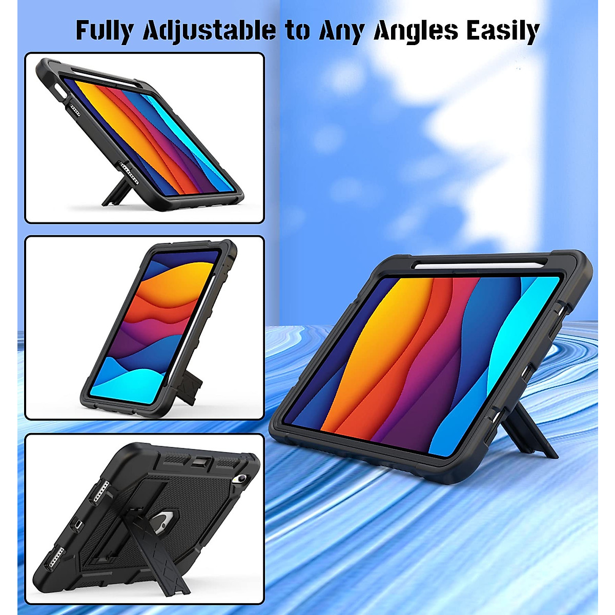 Rantice iPad 10th Generation Case 2022, 10.9 Inch iPad Case with Pencil Holder, iPad 10.9 Case with Kickstand, Hybrid Shockproof iPad 10th Gen Case for Kids Boys Girls Children, Black