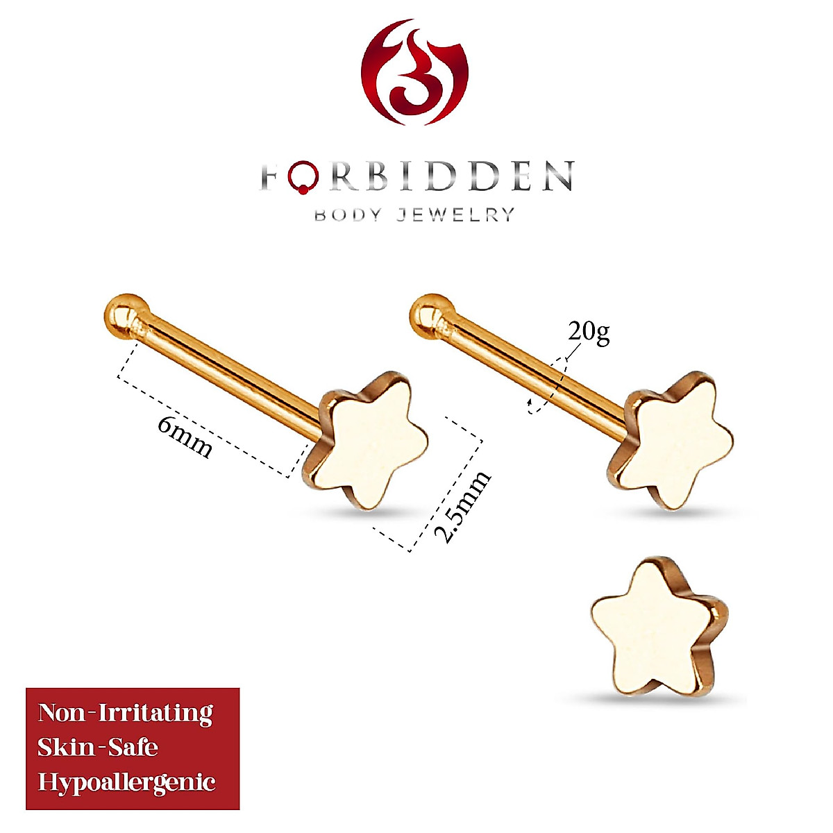 Forbidden Body Jewelry 20g Surgical Steel Star Top Nose Stud (2pcs Rose Gold)